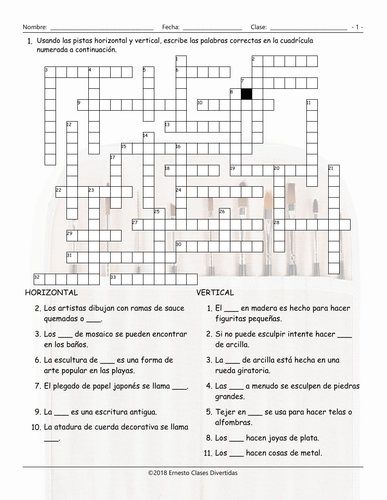 Art Forms Spanish Crossword Puzzle | Teaching Resources
