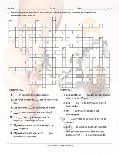 Bad Habits and Addictions Spanish Crossword Puzzle | Teaching Resources
