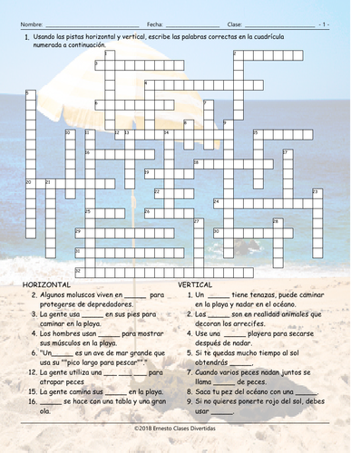Beach Things and Activities Spanish Crossword Puzzle | Teaching Resources