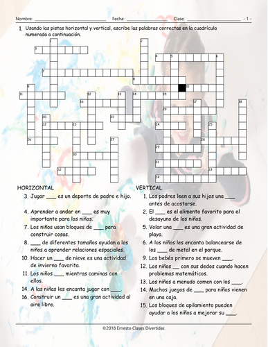 Childhood Activities Spanish Crossword Puzzle | Teaching Resources