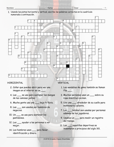 Clothing Accessories, Footwear and Jewelry Spanish Crossword Puzzle ...