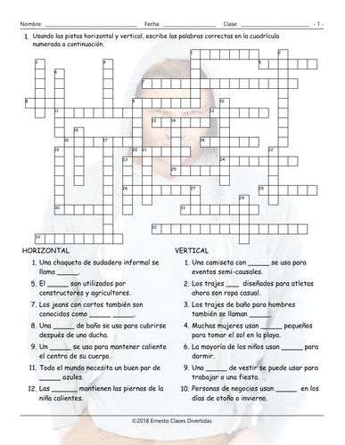 Clothing Items Spanish Crossword Puzzle | Teaching Resources