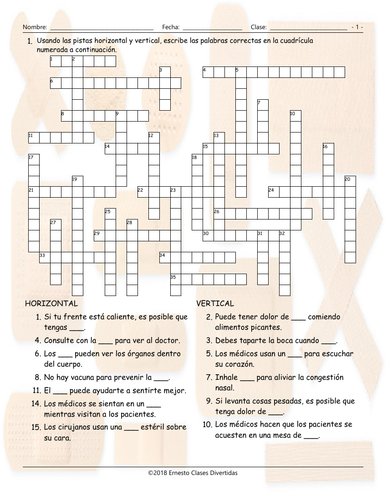 Doctor's, Illnesses, and Injuries Spanish Crossword Puzzle | Teaching ...