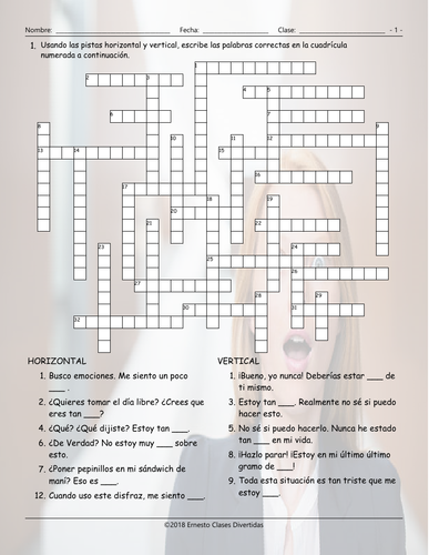 Feelings and Emotions Spanish Crossword Puzzle | Teaching Resources