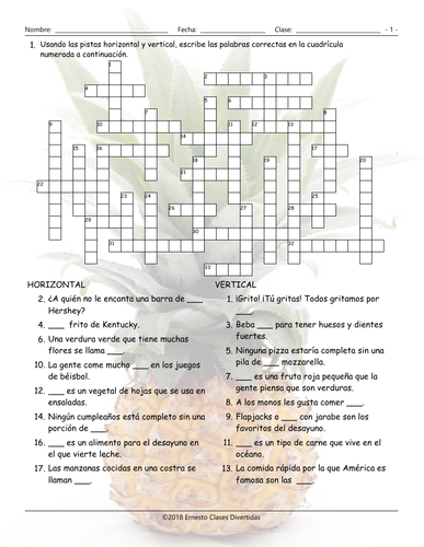 Food Items Spanish Crossword Puzzle | Teaching Resources