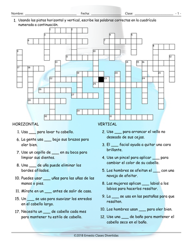 Health and Personal Hygiene Spanish Crossword Puzzle | Teaching Resources