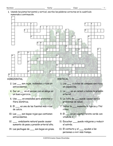Healthy Lifestyle and Nutrition Spanish Crossword Puzzle | Teaching ...