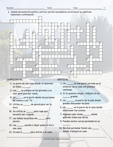 Houses, Rooms, Furniture, and Appliances Spanish Crossword Puzzle ...