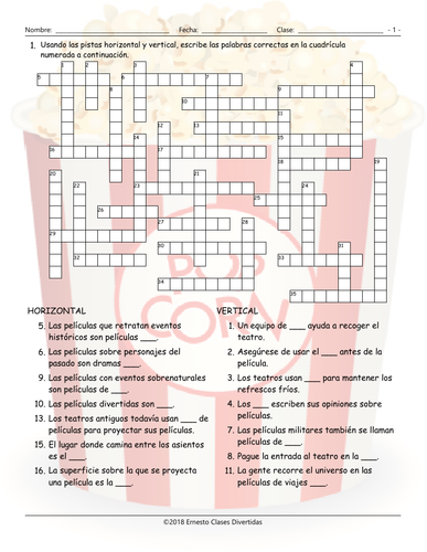 Movie Things and Genres Spanish Crossword Puzzle | Teaching Resources