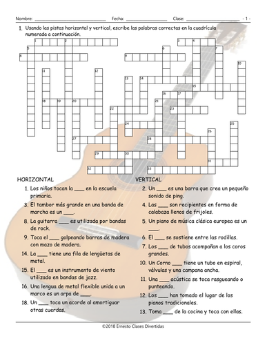 Musical Instruments Spanish Crossword Puzzle | Teaching Resources
