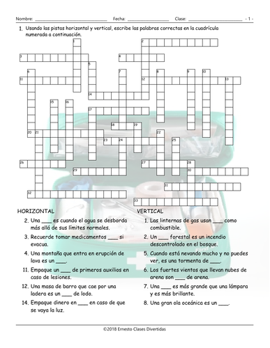 Natural Disasters and Emergencies Spanish Crossword Puzzle | Teaching ...