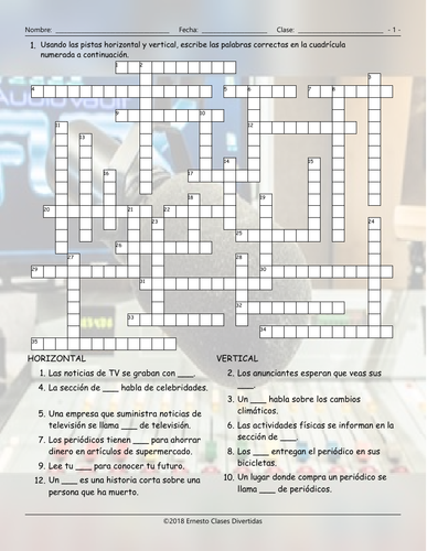 News Media Spanish Crossword Puzzle | Teaching Resources