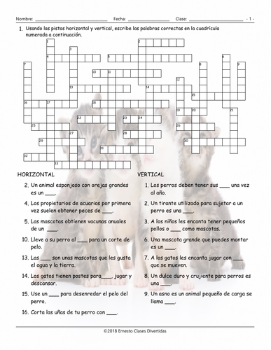 Pets and Pet Care Spanish Crossword Puzzle | Teaching Resources