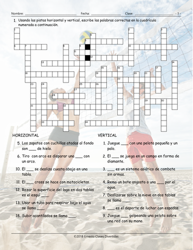 Sports and Exercise Spanish Crossword Puzzle | Teaching Resources