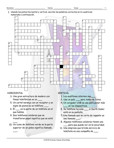 Telephones Spanish Crossword Puzzle | Teaching Resources