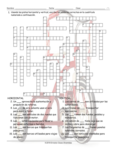 Transportation and Vehicles Spanish Crossword Puzzle | Teaching Resources