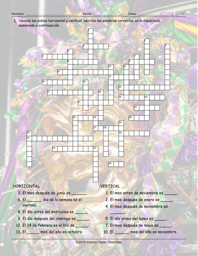 Weekdays, Months and Dates Spanish Crossword Puzzle | Teaching Resources
