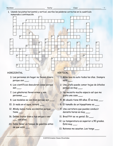 Adjectives Spanish Crossword Puzzle | Teaching Resources