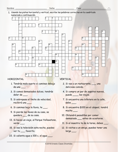 Conditional Sentences Types 0 & 1 Spanish Crossword Puzzle | Teaching ...