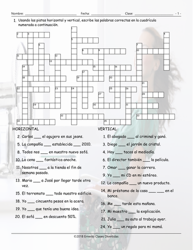 Past Simple Tense with Irregular Verbs Spanish Crossword Puzzle ...