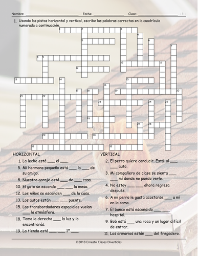 Place Prepositions Spanish Crossword Puzzle | Teaching Resources