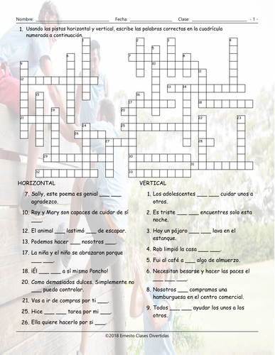 Reflexive and Reciprocal Pronouns Spanish Crossword Puzzle | Teaching ...