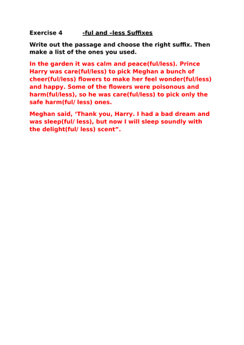 -ful and -less suffixes- passages to write out choosing correct suffix ...