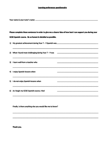 Learning preferences questionnaire for first lesson with GCSE classes ...