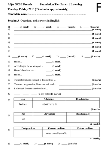 AQA GCSE French Foundation Tier Paper 1 Listening template - Tuesday 15 ...