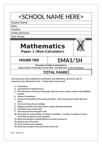 Sample GCSE Maths Paper - Higher - May 24th 2018 | Teaching Resources