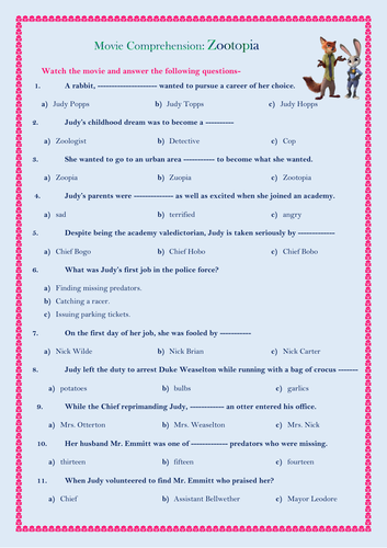 Movie Zootpia Comprehension Worksheet with Answer Key | Teaching Resources