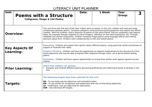 Year 3 Poems with a Structure - Calligrams, Shape and List Poetry Unit ...