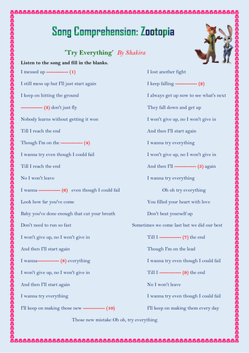 Shakira Song Try Everything Movie Zootopia -Worksheets with keys ...