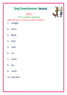 Shakira Song Try Everything Movie Zootopia -Worksheets with keys ...