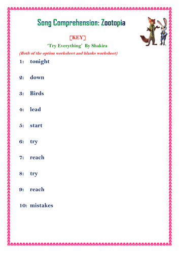 Shakira Song Try Everything Movie Zootopia -Worksheets with keys ...