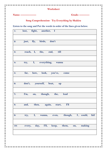 Shakira Song Try Everything Movie Zootopia -Worksheets with keys ...