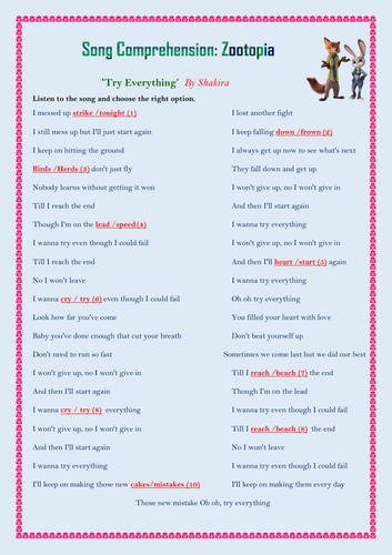 Shakira Song Try Everything Movie Zootopia -Worksheets with keys ...