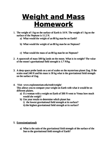 Weight mass homework questions | Teaching Resources