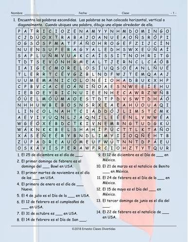 American versus Mexican Holidays Spanish Word Search Worksheet ...