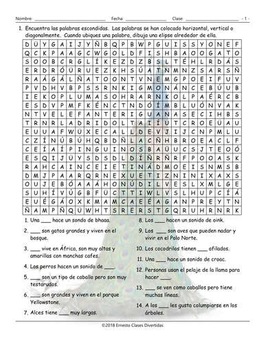 Animals Spanish Word Search Worksheet | Teaching Resources