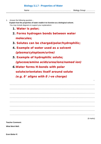 Water - Biological molecules. AQA A-level biology 7401 | Teaching Resources
