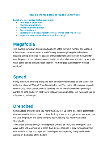 KS3 Theme Park Scheme of Learning/Work- Formal Persuasive writing ...