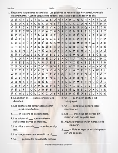 Bad Habits and Addictions Spanish Word Search Worksheet | Teaching ...