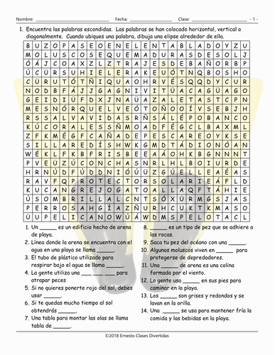 Beach Things and Activities Spanish Word Search Worksheet | Teaching ...