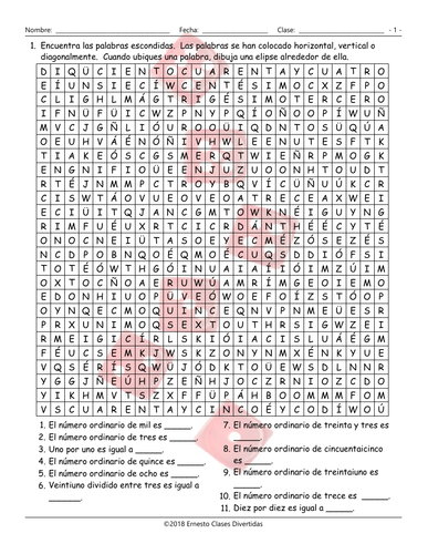 Cardinal and Ordinal Numbers Spanish Word Search Worksheet | Teaching ...