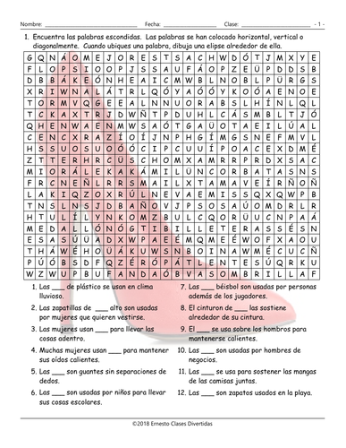 Clothing Accessories, Footwear, and Jewelry Spanish Word Search ...