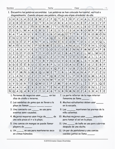 Clothing Items Spanish Word Search Worksheet | Teaching Resources