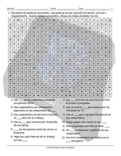 Computer Technology Spanish Word Search Worksheet | Teaching Resources