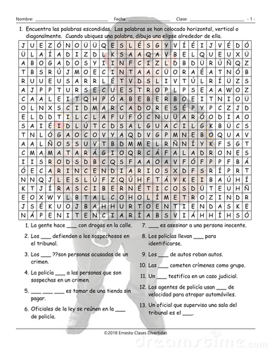 Crime, Law Enforcement, and Courts Spanish Word Search Worksheet ...