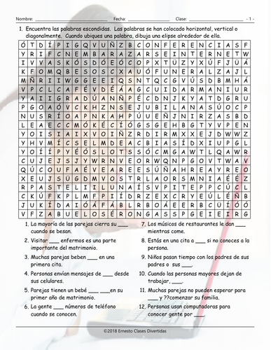 Dating and Marriage Spanish Word Search Worksheet | Teaching Resources